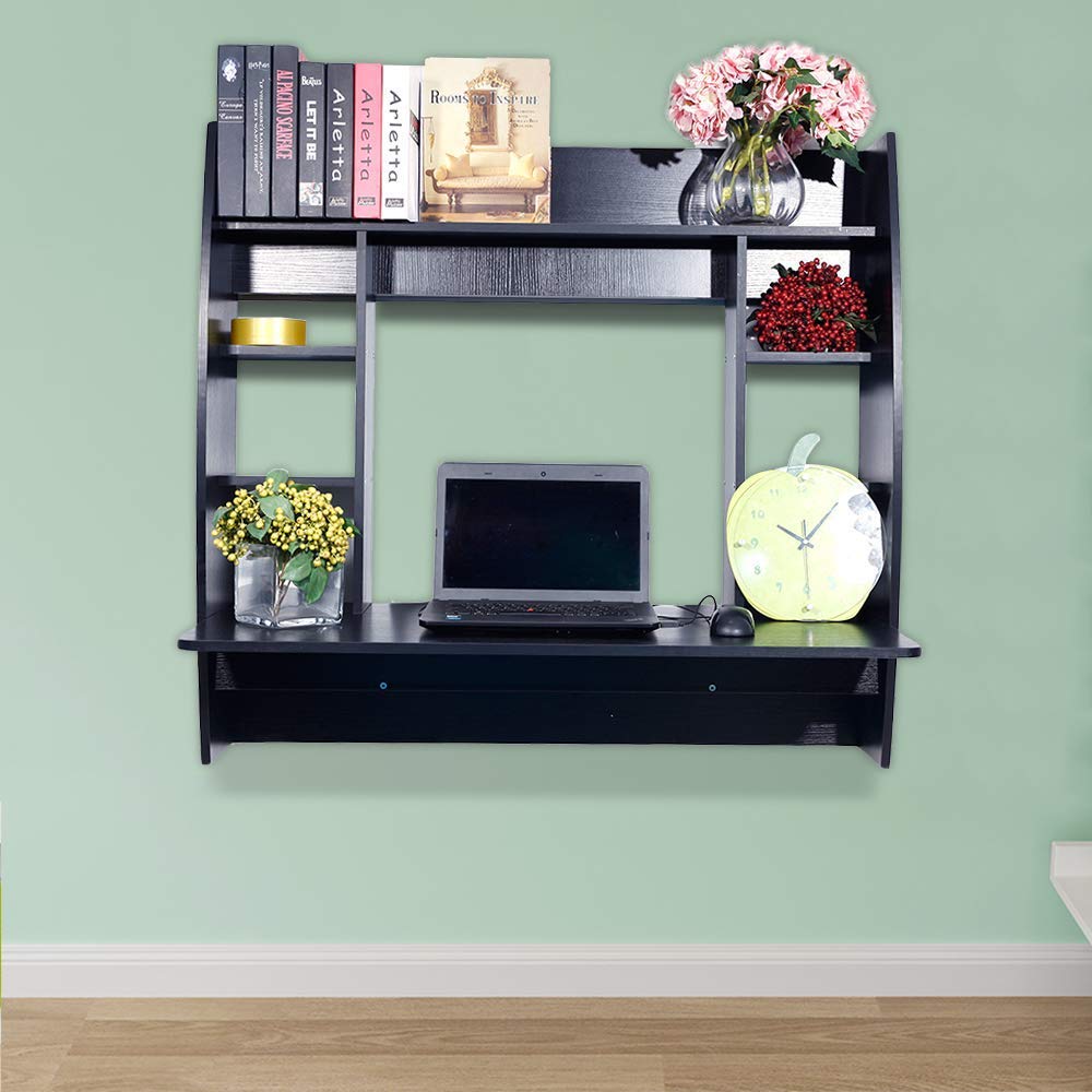 Binrrio Wall-Mounted Computer Desk, Storage Tray Floating Desk, Wood Compact Home Office Desk, Laptop PC Table Writing Study Table, Workstation with Storage Drawer & Shelves (Black)