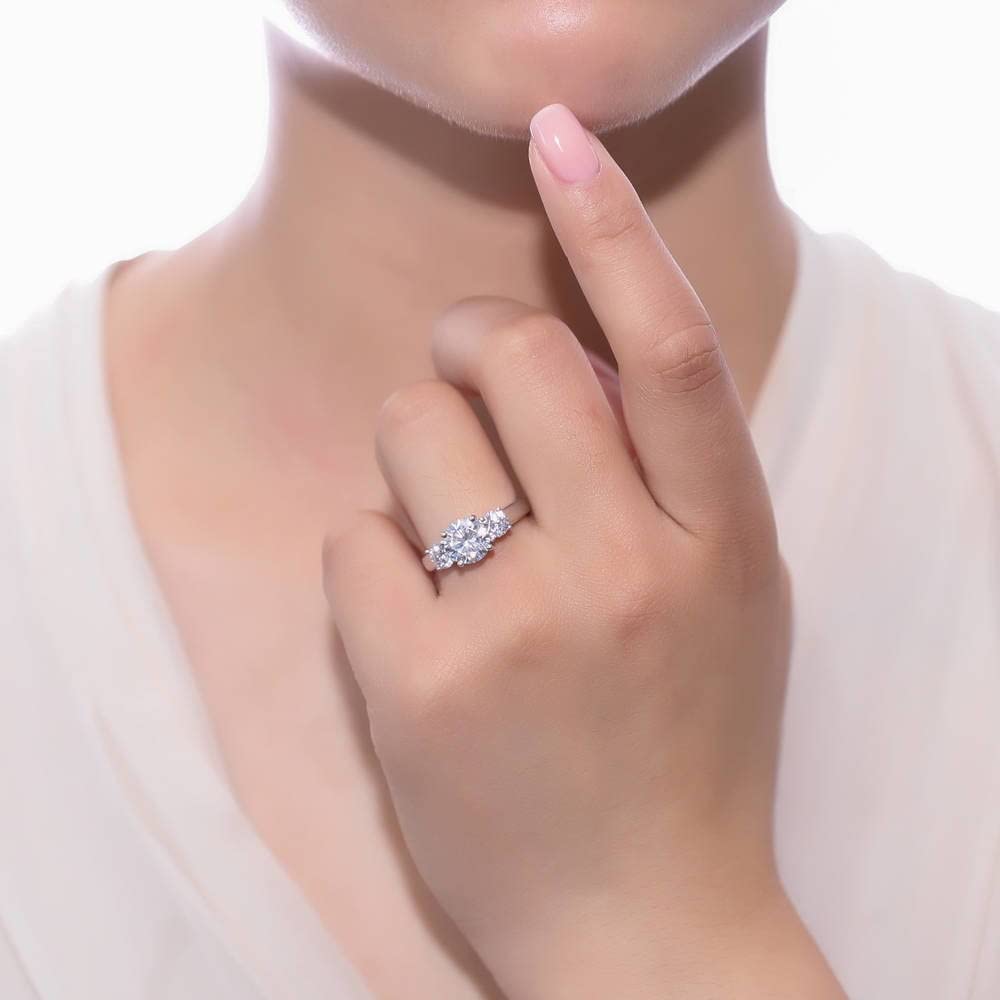 BERRICLE Sterling Silver 3-Stone Wedding Engagement Rings Round Cubic Zirconia CZ Ring for Women, Rhodium Plated Size 4