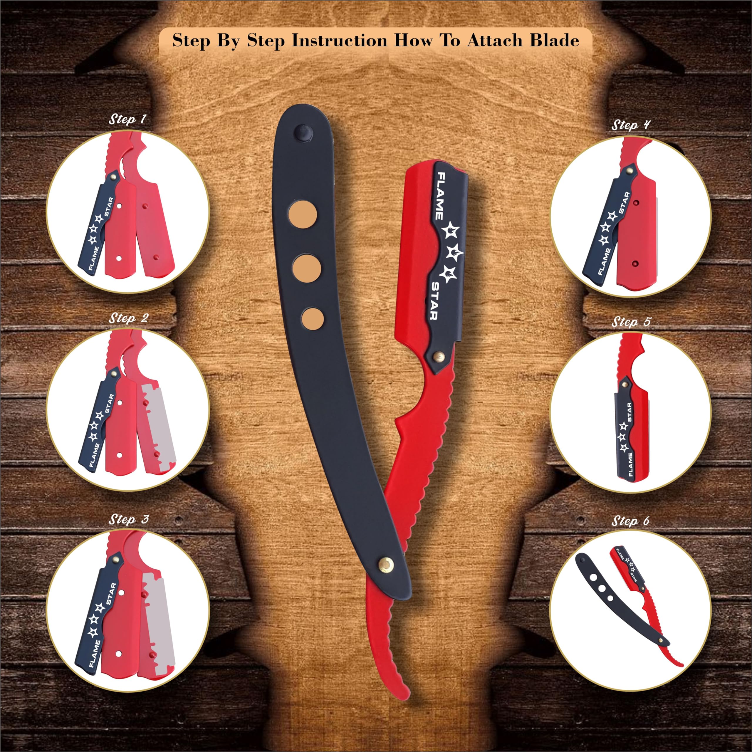 Black Red Barber Staright Edge Salon Hair Cut Razor 100% Stainless Steel with 10 Blades by "FLAME STAR"