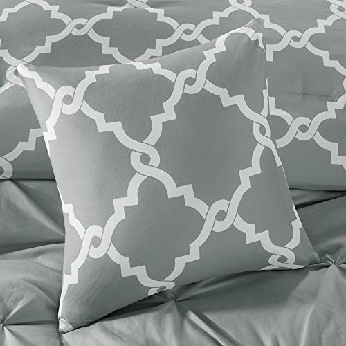 Madison Park Essentials Kasey Cozy Comforter Set - Fretwork Design, All Season Bedding with Matching Shams, Decorative Pillow, Queen (90in x 90 in), Diamond Grey Comforter 5 Piece