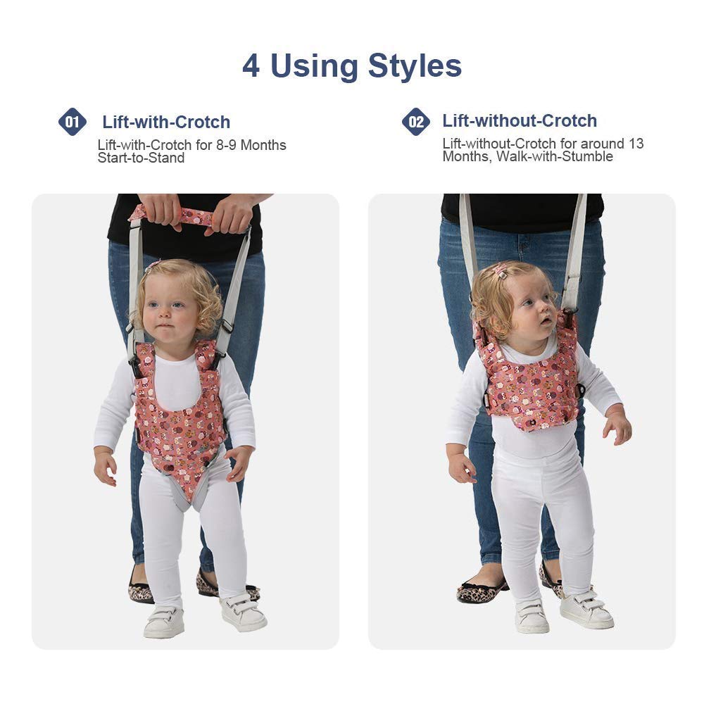 Baby Walker, Baby Walking Harness Sit to Stand Learning Helper Hand-held Assistant with Crotch Adjustable Safety Lifting & Pulling Dual-use Owl Print for Toddlers Infant Kids Activity (Red)