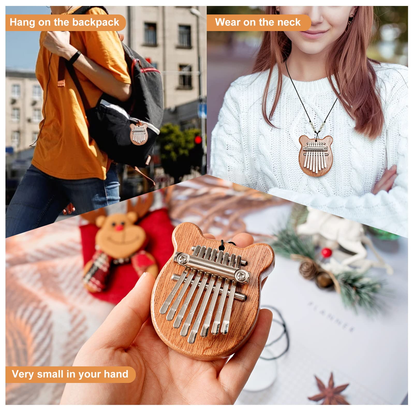 VIVP 8 Keys Mini Kalimba Thumb Piano Solid Wood Finger Piano Portable Marimba Musical Handmade Instruments Professional Mbira with Lanyard Good Accessory Pendant Gift Easy to Learn Christmas Gifts