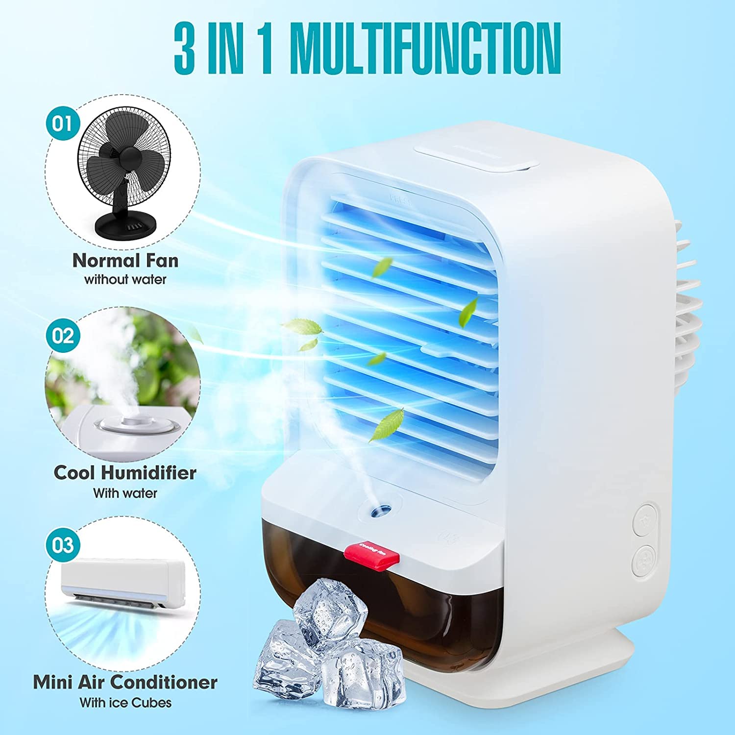 BENBOAR Portable Air Conditioner Fan, Desktop Air Cooler with Automatic Rotation & Water Tank Evaporative Humidifier, Cold Mist Humidifier Atomizer with Warm Night Light, 4000 mAh Power (Desktop fan)