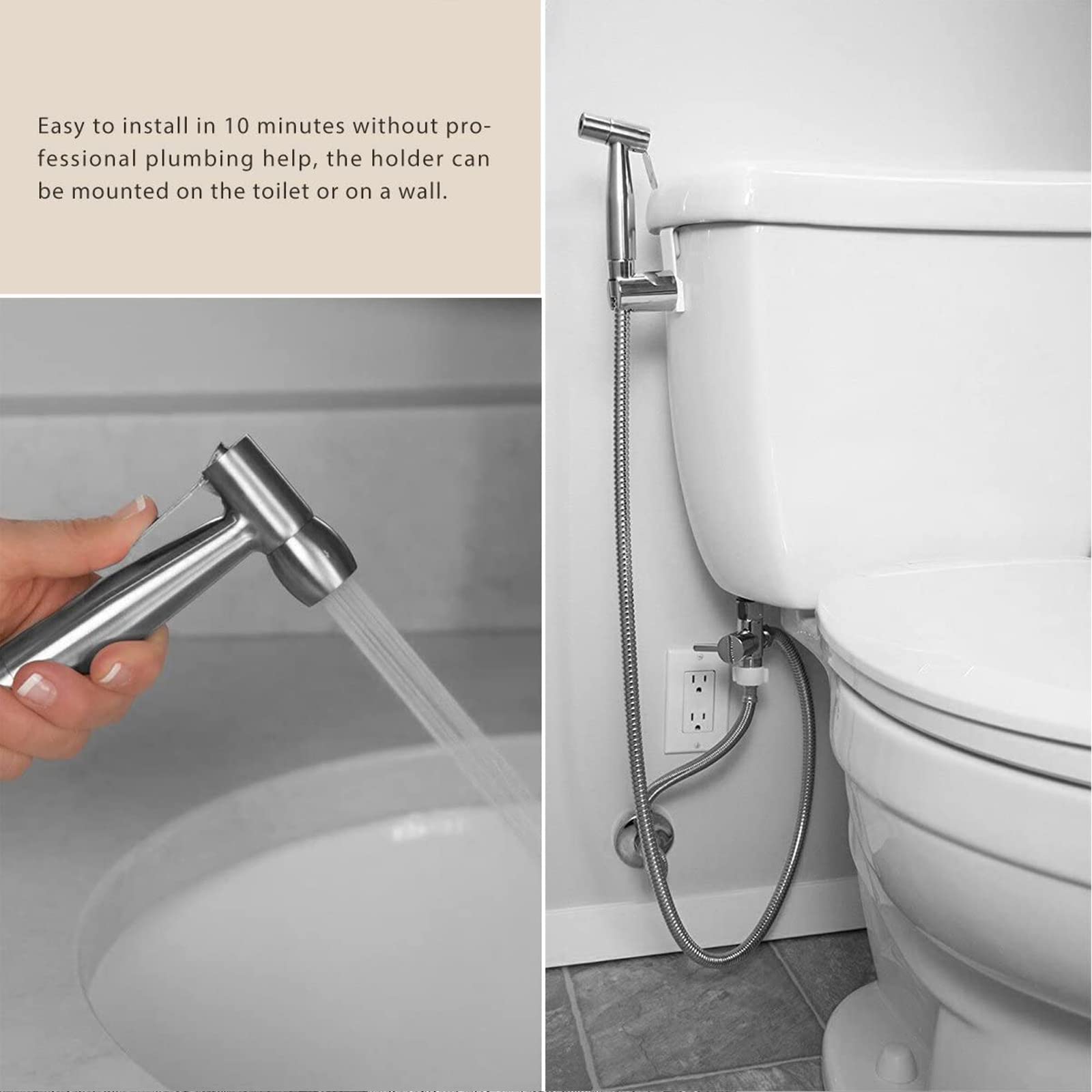 Handheld Bidet Sprayer Kit-Stainless Steel Douche Muslim Shower Spray with Hose Bidet Holder Valve for Toilet Cleaning, Pet Bath, Personal Hygiene (Includes T-Adapter)