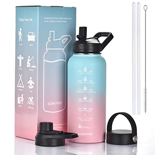 GUSKYDO 32 oz Vacuum Insulated Stainless Steel Water Bottle with Straw & Spout Lid -Leak Proof Water Bottle with Times Marker to Drink - Hot &Cold Double Wall Thermos Sports Water Flask (Pink/Blue)