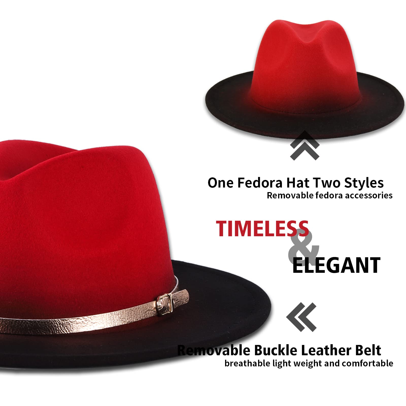 Black Red Fedora Hats for Women Men,Red Bottom Hat Wide Brim Fedora for Women,Two Tone Red Black Fedora(Red A1,Medium)