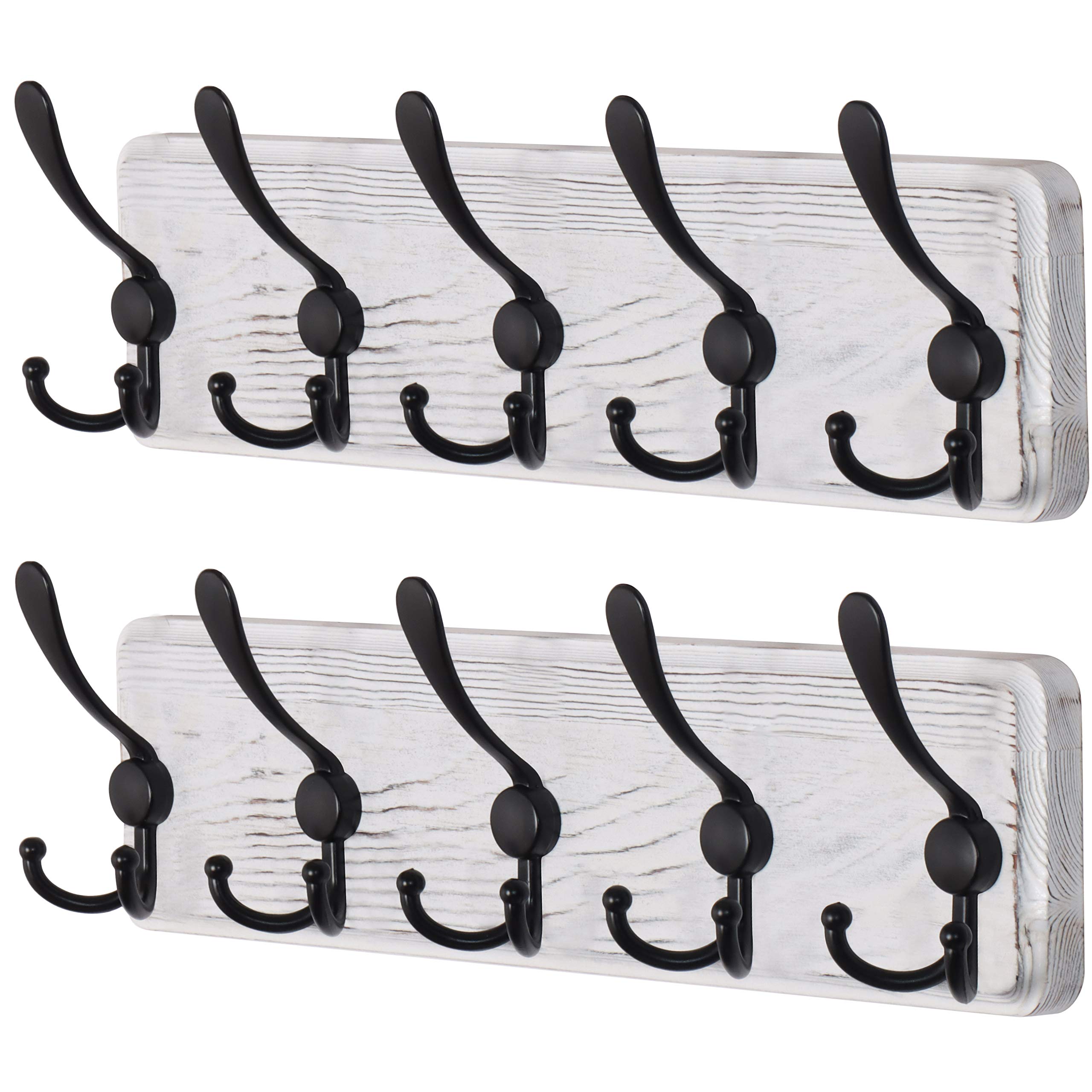 Dseap Coat Rack Wall Mounted - 5 Tri Hooks, Heavy Duty, Wooden Wall Coat Hanger Coat Hook for Clothes Hat Jacket Clothing, Natural & Black, 2 Packs