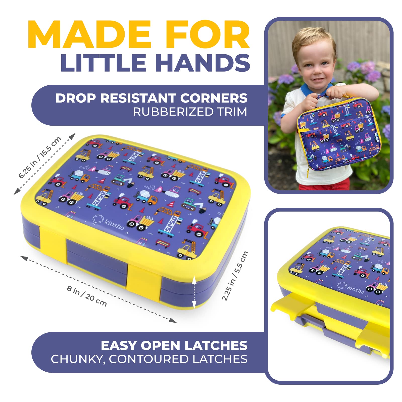 Bundle of Bento Box, Insulated Lunch Bag, Ice Pack & Water Botle Set for Kids - 5 Leakproof Compartments (Blue Yellow Truck) + Toddler Backpack for Boys, Cute 13β (Blue Yellow Trucks)