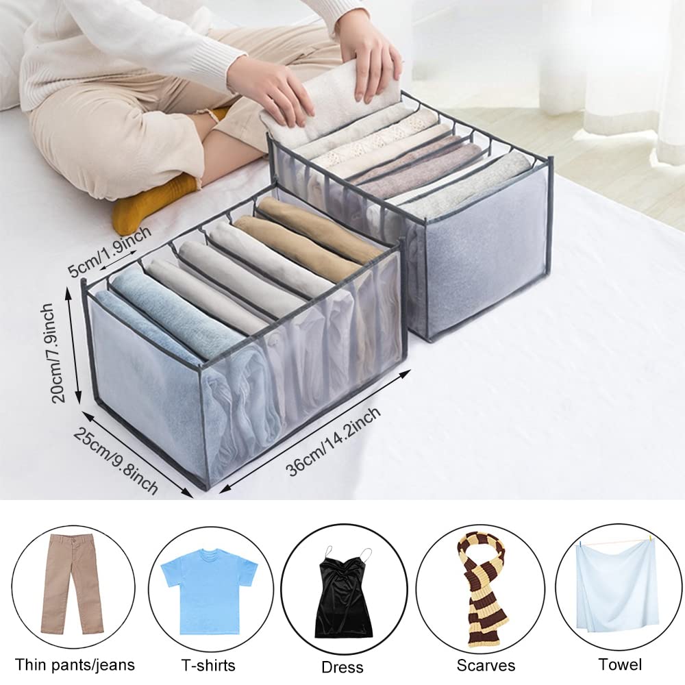 Wardrobe Clothes Organizer for Jeans, 7 Grids Clothes Drawer Organizers for Clothing, Pants Storage Organizer for Closets T-shirt,Legging,Skirts,Jeans,Kid Clothes (1 Pack Gray)
