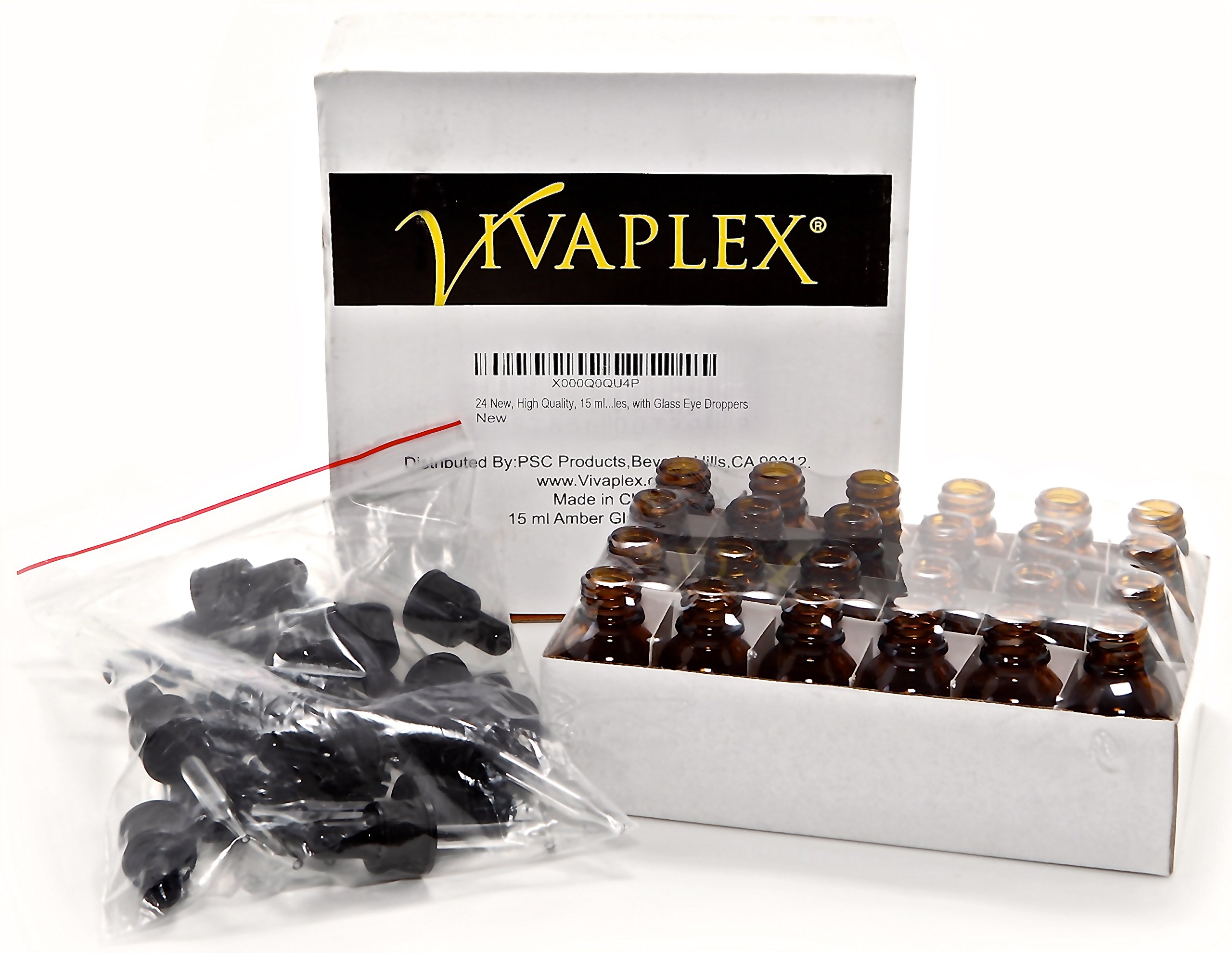 Vivaplex 24, Amber, 15 ml (1/2 oz) Glass Bottles, with Glass Eye Droppers