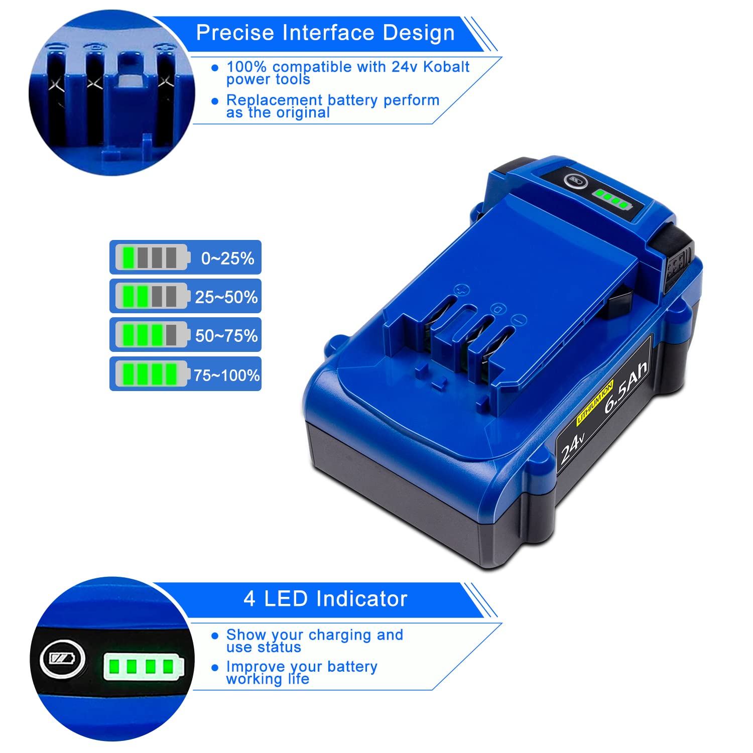 DTK Replacement for Kobalt 24V Battery 6.5Ah Lithium Ion Batteries KB624-03 KB524-03 KB424-03 KB224-03 KB124-03 Compatible with Kobalt 24V Cordless Tool(2Pack)