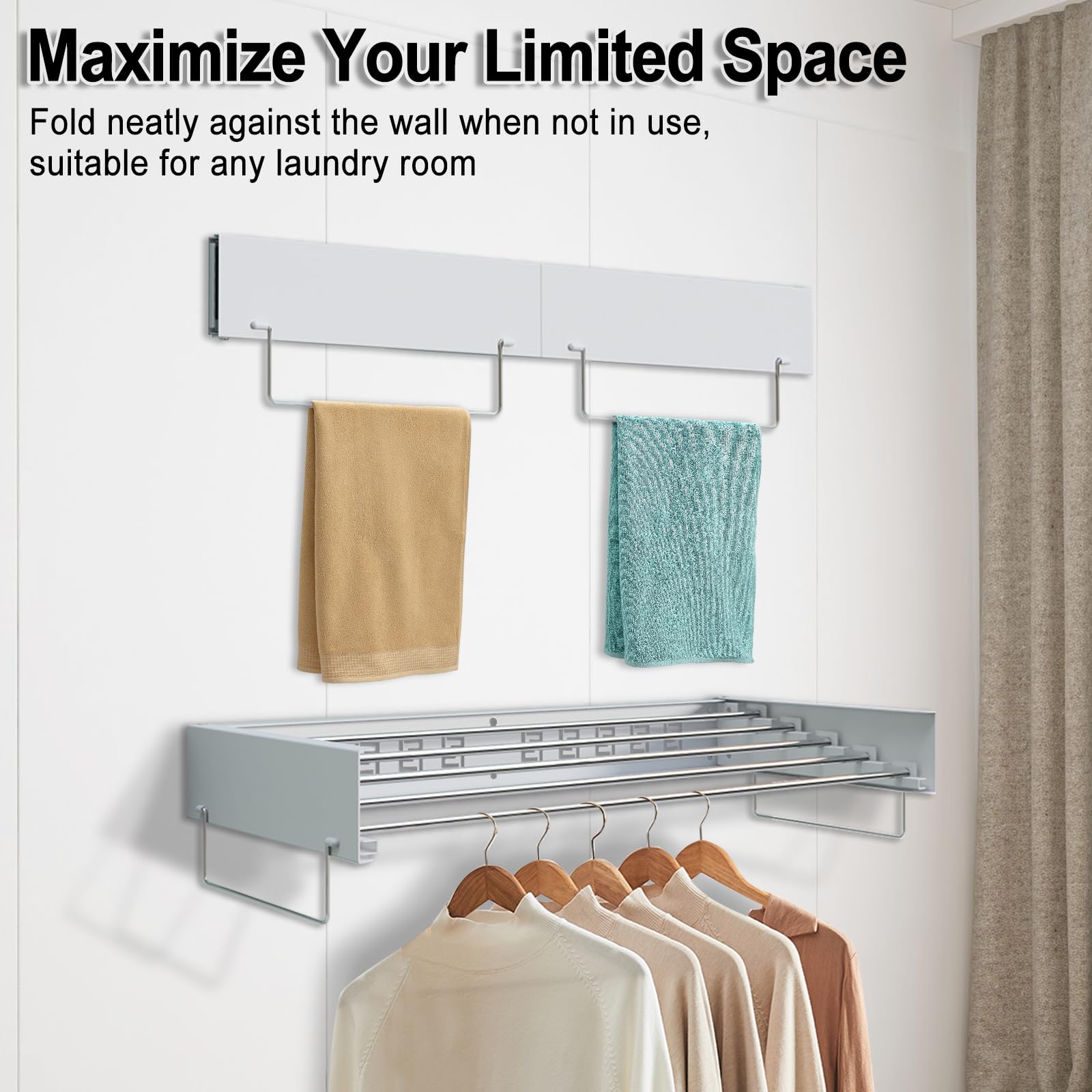 CROSDE Clothes Drying Rack Foldable, Wall Mounted Retractable Clothing Laundry Rack, Space Saving Heavy Duty Hanger Dryer Rack for Indoor Outdoor, 110 lb Capacity (Silver 32'')
