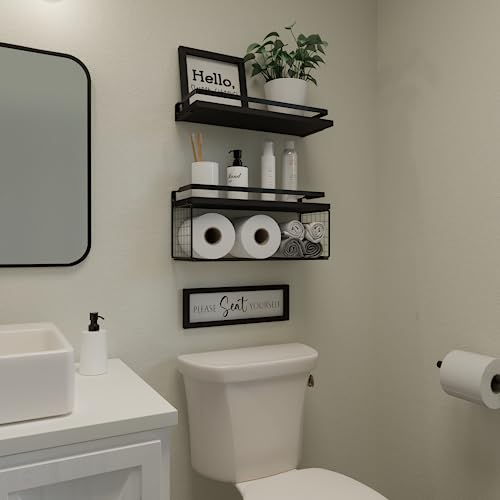 DOLLFIO Floating Shelves with Wall Décor Sign, Bathroom Shelves Over Toilet with Wire Storage Basket, Wood Wall Shelves with Protective Metal Guardrail– Black