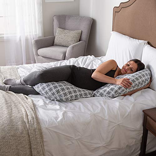 Boppy Total Body Pregnancy Pillow with Removable, Breathable Pillow Cover | Gray Scattered Leaves | Plush Full-Body Support | Prenatal and Postnatal Positioning