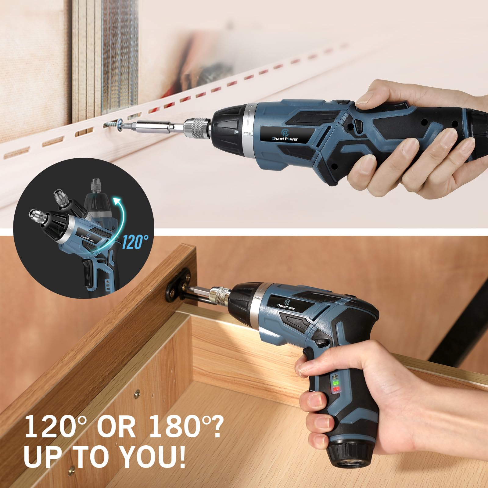 C P CHANTPOWER Cordless Electric Screwdriver Set,6+1 Torque Gears,1/4'' Hex Self-Lock Chuck, 4V Rechargeable lightweight Screwdriver with 44pcs Accessories Flashlight Charger and Carrying Case Blue