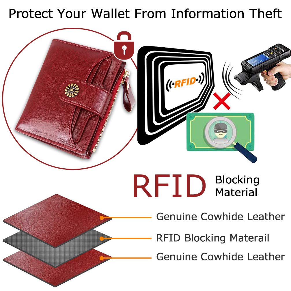 Dyeek Women Genuine Leather Wallet Short Wallet Ladies Purses Luxury Wax Leather Card Holder Large Capacity Multiple Card Position Zipper Coin Pocket(Wine Red) , Medium