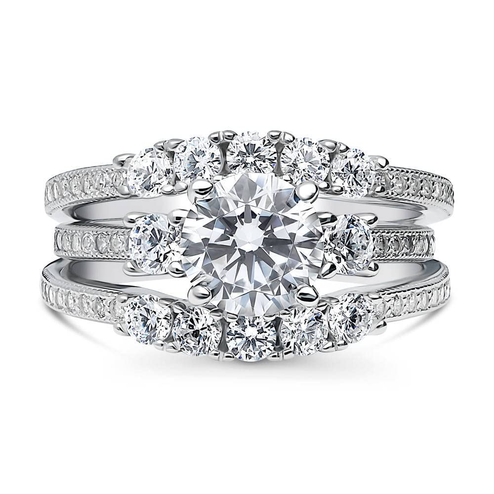 BERRICLE Sterling Silver 3-Stone Wedding Engagement Rings Round Cubic Zirconia CZ Ring Set for Women, Rhodium Plated Size 8.5