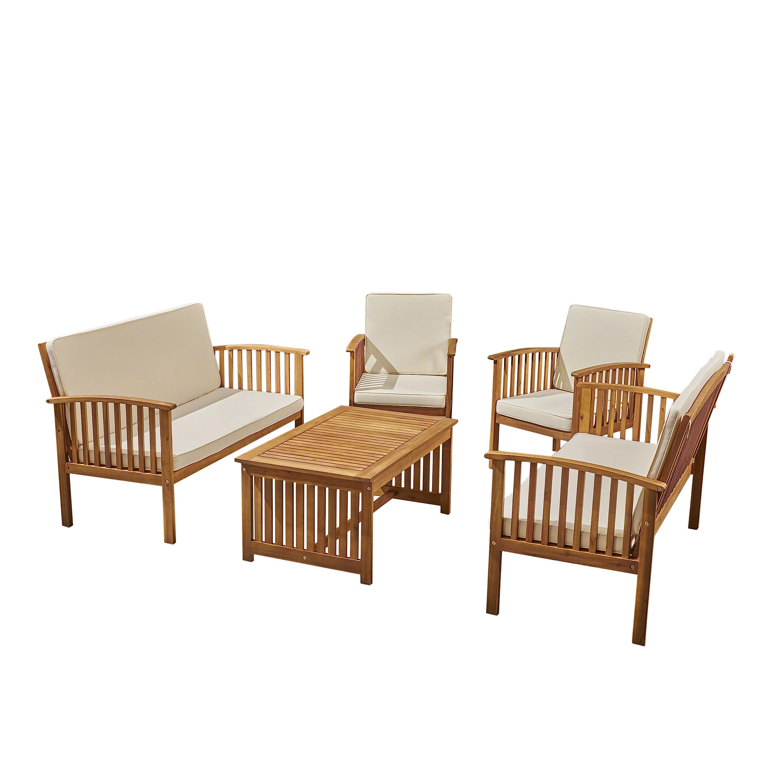 Christopher Knight Home Outdoor 5-Piece Acacia Wood Sofa Conversation Set, Brown Patina Finish and Cream