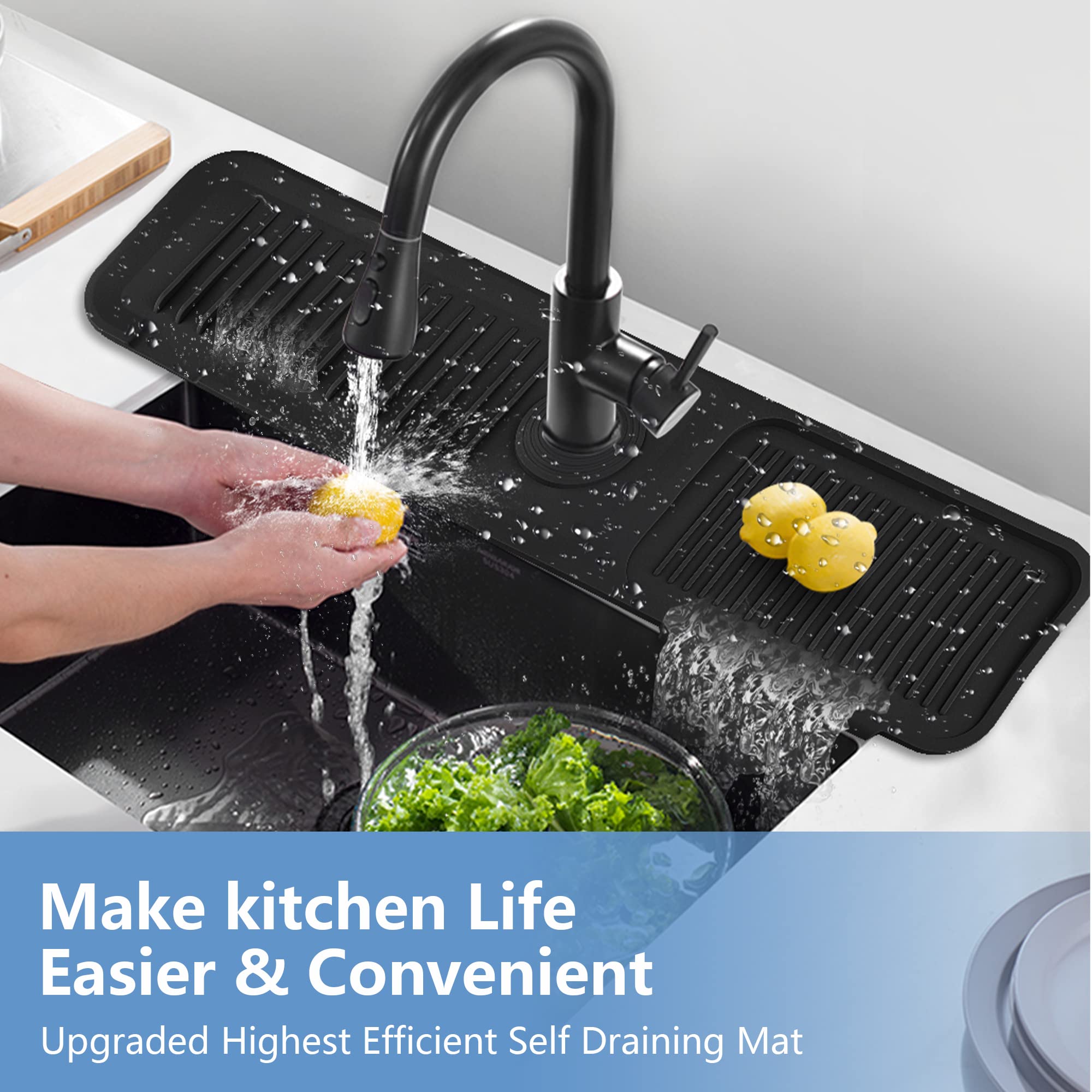 Burfocus Kitchen Sink Splash Guard, Silicone Faucet Handle Drip Catcher Tray Silicone Faucet Mat Kitchen Sponge Holder for Kitchen Sink Accessories Sink Protectors for Kitchen Sink (Black24" x 5.5")