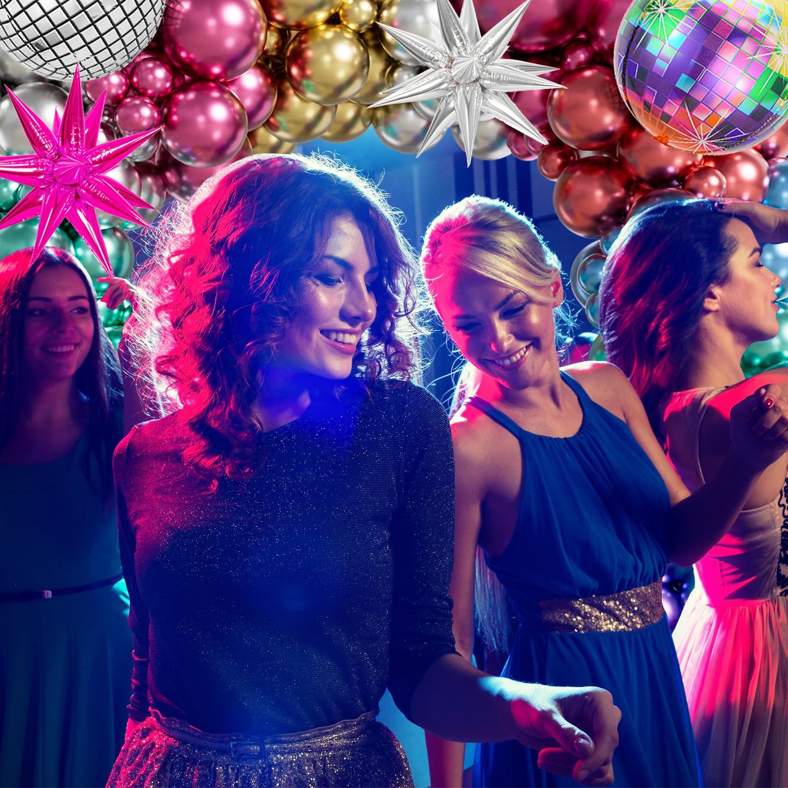 Chrome Balloon Garland Arch Kit 126Pcs Disco Party Decorations with Disco Ball Balloons and Explosion Star Foil Balloons for 80s 90s Disco Birthday Graduation Galaxy Prom Party Decoration