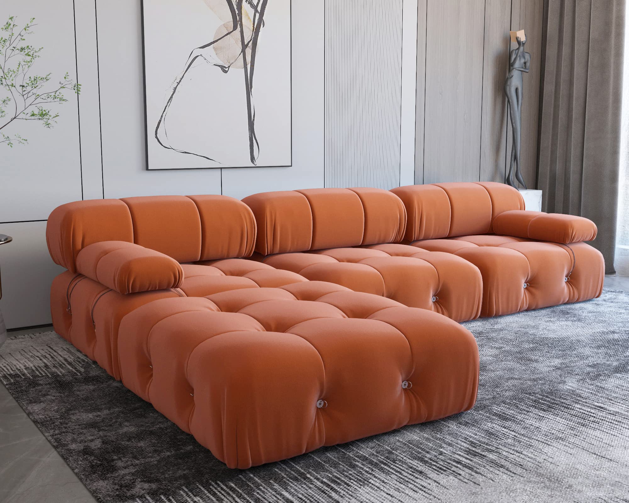 MGH Convertible Modular, Minimalist Couch with Ottomans, L-Shaped Velvet Sofas Couches, 4-Seat Sofa Couch Sectional with Reversible Chaise for Living Room (Orange)