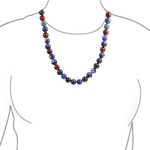 Bali Style Gemstone Blue Sodalite Brown Tiger Eye Ball Bead Strand Necklace for Men Women Stainless Steel Hook Clasp