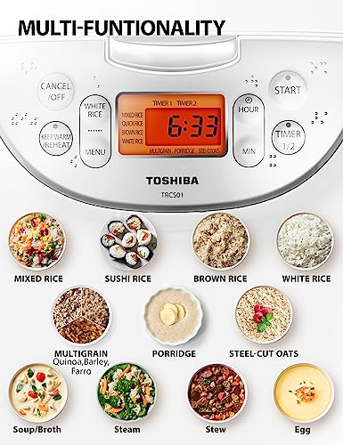Toshiba Rice Cooker 6 Cup Uncooked β Japanese Rice Cooker with Fuzzy Logic Technology, 7 Cooking Functions, Digital Display, 2 Delay Timers and Auto Keep Warm, Non-Stick Inner Pot, White