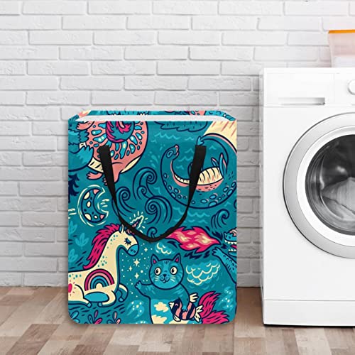 Dinosaur Sloth Unicorn and Cat Print Collapsible Laundry Hamper, 60L Waterproof Laundry Baskets Washing Bin Clothes Toys Storage for Dorm Bathroom Bedroom