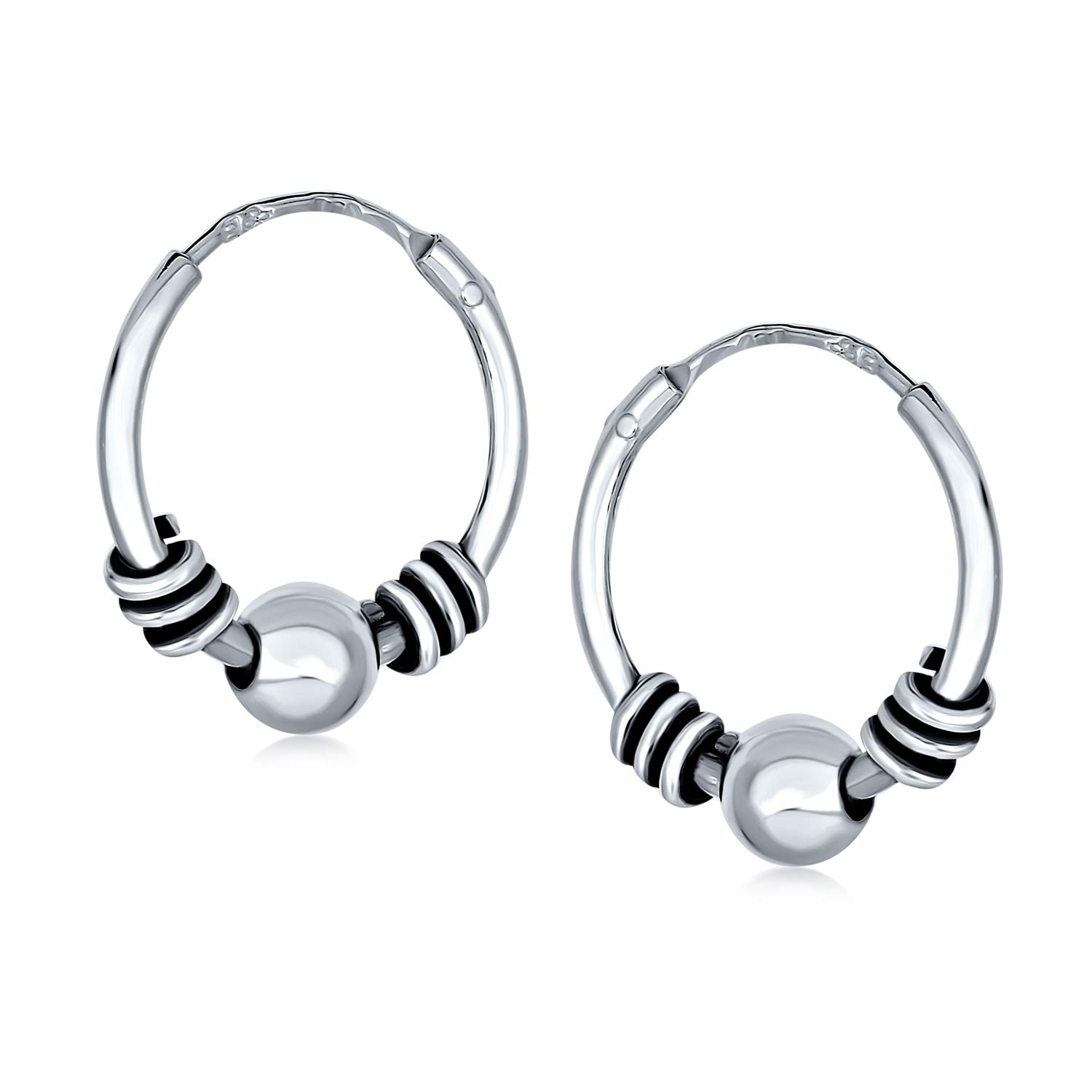 Bali Style Tribal Ball Bead Continuous Endless Round Hoop Earrings For Women Oxidized .925 Sterling Silver 1 Inch Diameter