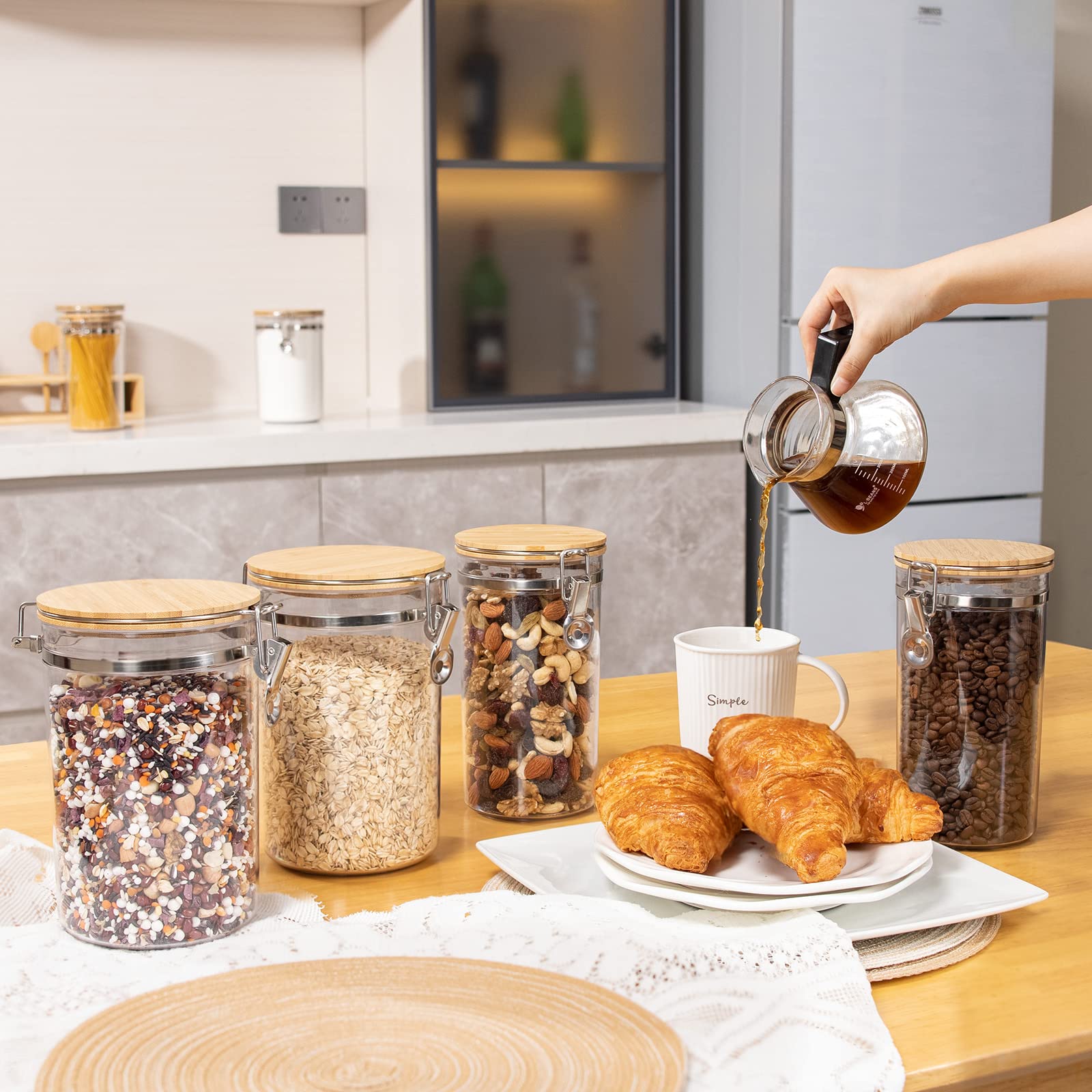 Coffee Canister Sets for Kitchen Counter,4PCS Coffee Grounds Container Coffee Bean-Plastic Food Storage Jar with Lid Airtight Locking Clamp for Grain/Sugar,Large Capacity Storage Container for Kitchen