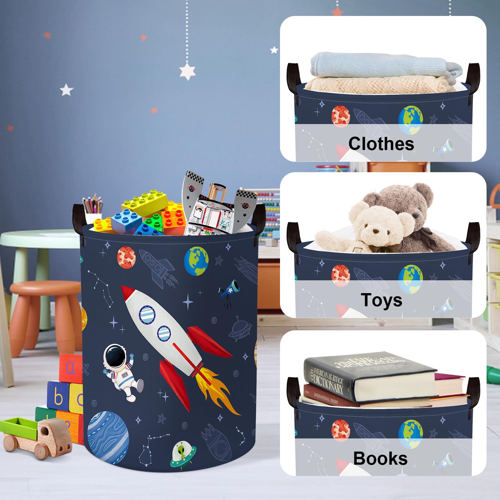 Clastyle 45L Rocket Astronaut Laundry Hamper for Bedroom Waterproof Collapsible Blue Universe Toys Storage Basket with Drawstring, 14.2 * 17.7 in