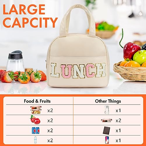 DIRGEE Lunch Bag for Women Insulated Lunch Bag For Men PU leather Small Lunch Bag for Office Work lunch Bag with Chenille Letters Leakproof Freezable Cooler Bag Reusable Portable Lunch Box (White)