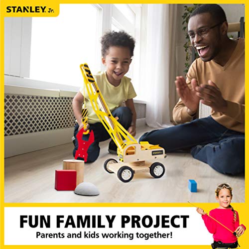 Stanley Jr. STANLEY Jr DIY Yellow Lifting Crane Kit for Kids - Easy Assembly Crane Building Kit - Wood Crane Toy Craft - Wood, Paint & Decals Included
