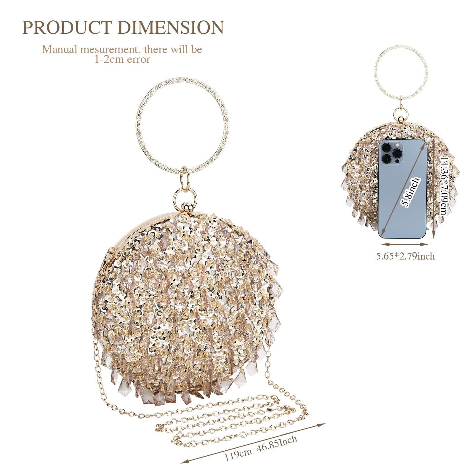 Tanpell Womens Evening Bag Round Beaded Clutch Handbag Sequins Bridal Wedding Purse for Cocktail Party (Gold)