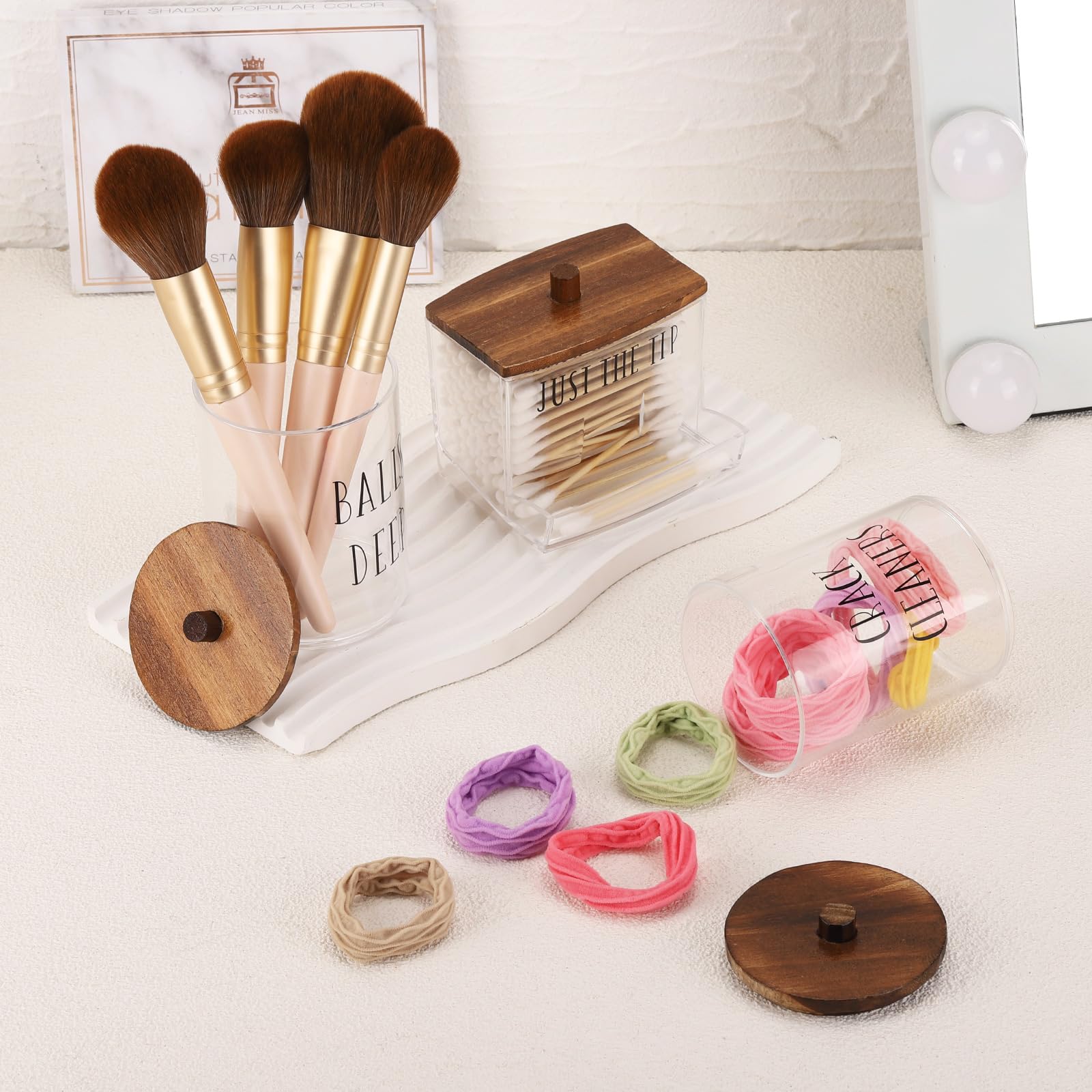 Tbestmax Qtips Holder Dispenser, 10/7 oz Bathroom Container for Cotton Ball Cotton Swabs, Apothecary Jar Organizer for Storage(Wood Lids)