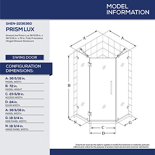 DreamLine Prism Lux 36 5/16 in. D x 36 5/16 in. W, Frameless Hinged Shower Enclosure, 3/8" Glass, Chrome Finish