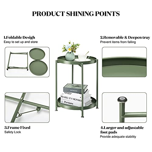 danpinera 2 Tier Metal Side Table with Removable Tray, Folding End Outdoor Small Accent Table, Anti-Rust Green Nightstand for Bedroom Balcony Patio (Dark Green)