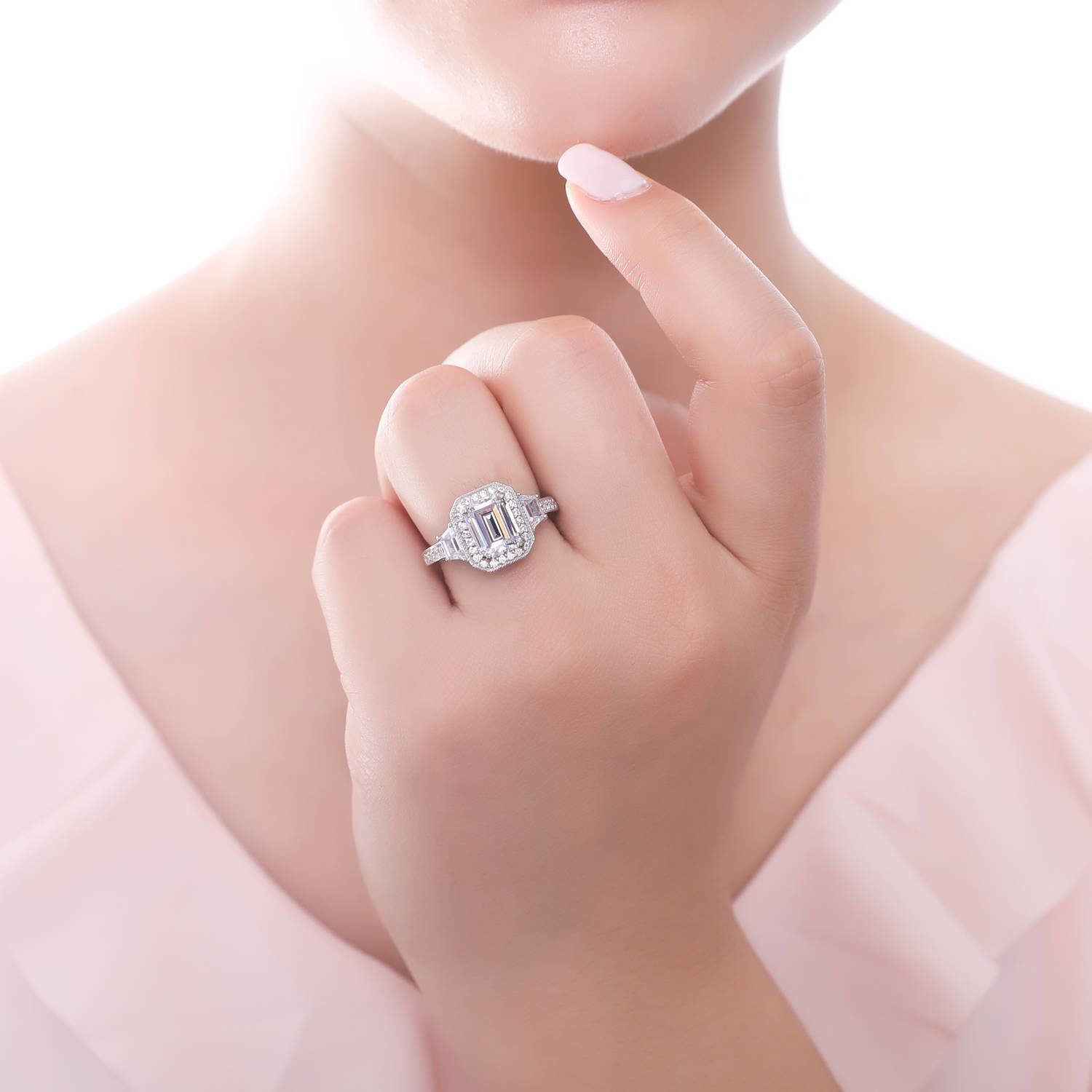 BERRICLE Sterling Silver Halo Wedding Engagement Rings Emerald Cut Cubic Zirconia CZ Statement Ring for Women, Rhodium Plated Size 7