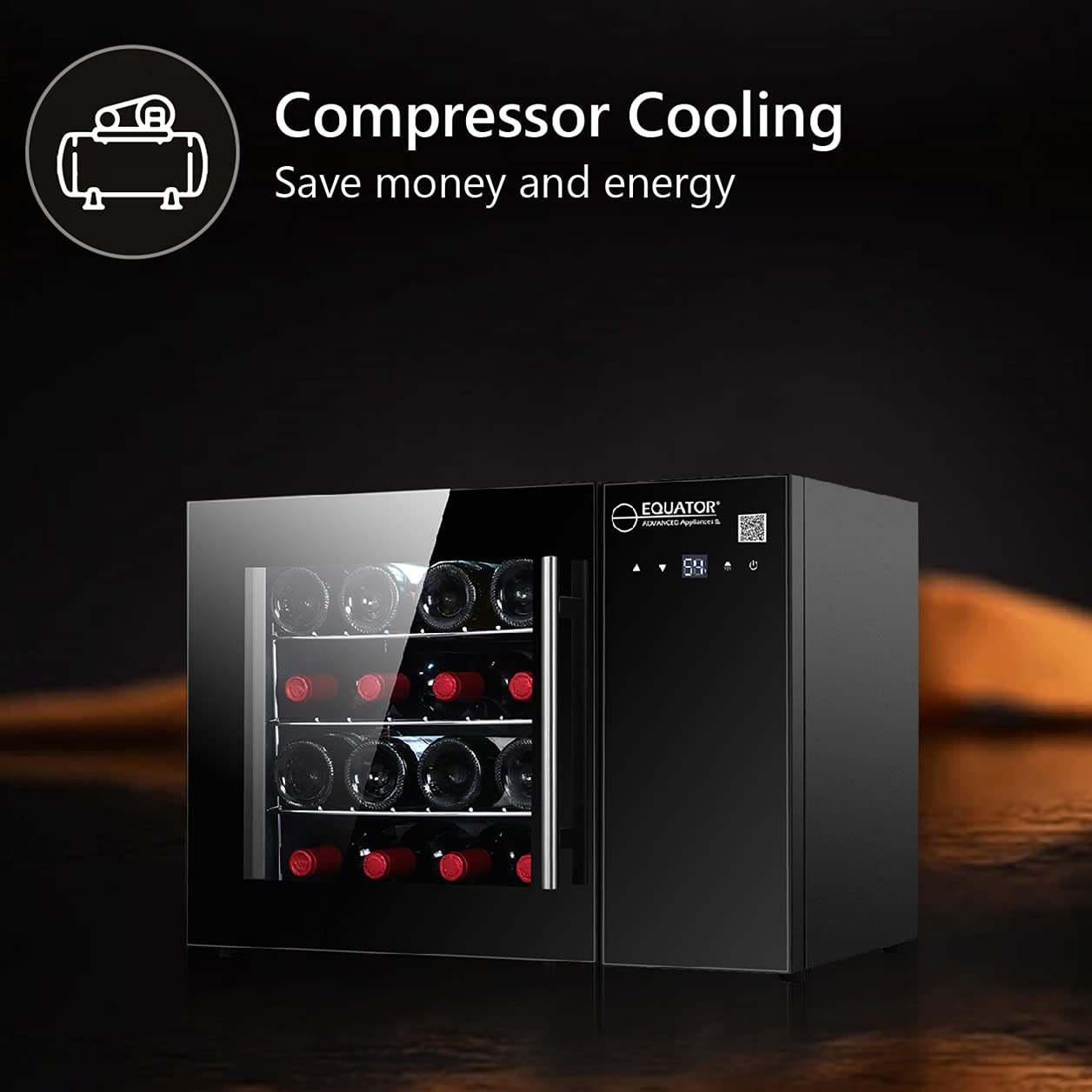 Equator 16 Bottle Wine Refrigerator, Single-Zone, Freestanding/Built-in, Anti-UV Glass Door, Temp Range 41°F-71.6°F, Touchpad Controls, Auto Defrost, 110V