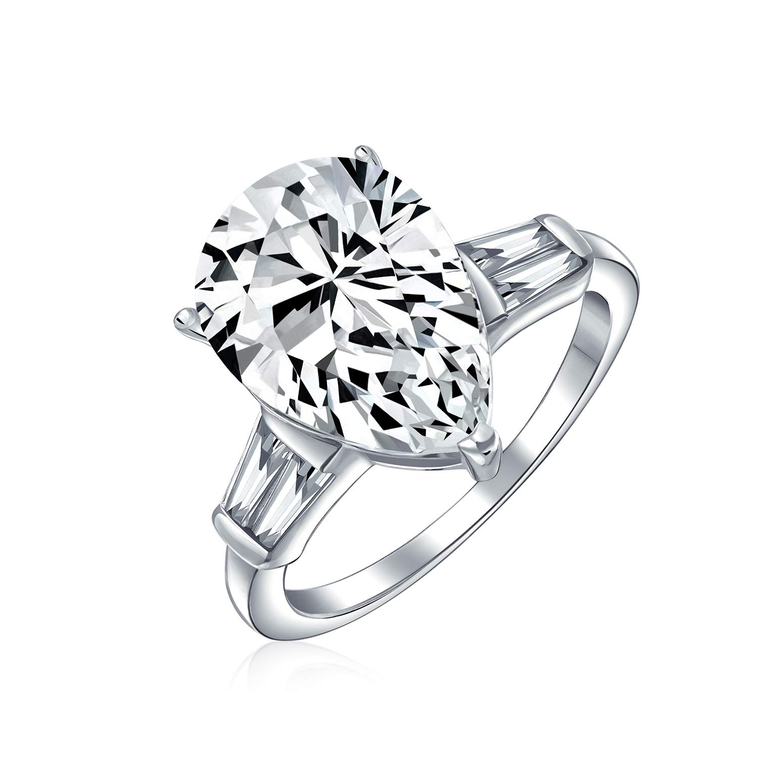 Bridal Wedding 7CT AAA CZ Pear Shaped Brilliant Cut Solitaire Teardrop Statement Engagement Ring For Women Thin Band .925 Sterling Silver Cubic Zirconia Baguette Side Stones