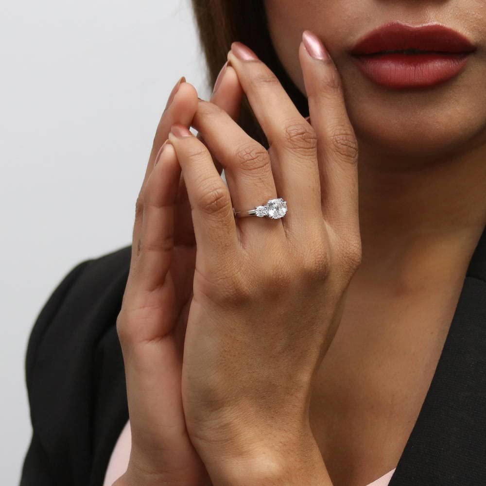 BERRICLE Sterling Silver 3-Stone Wedding Engagement Rings Cushion Cut Cubic Zirconia CZ Promise Ring for Women, Rhodium Plated Size 9