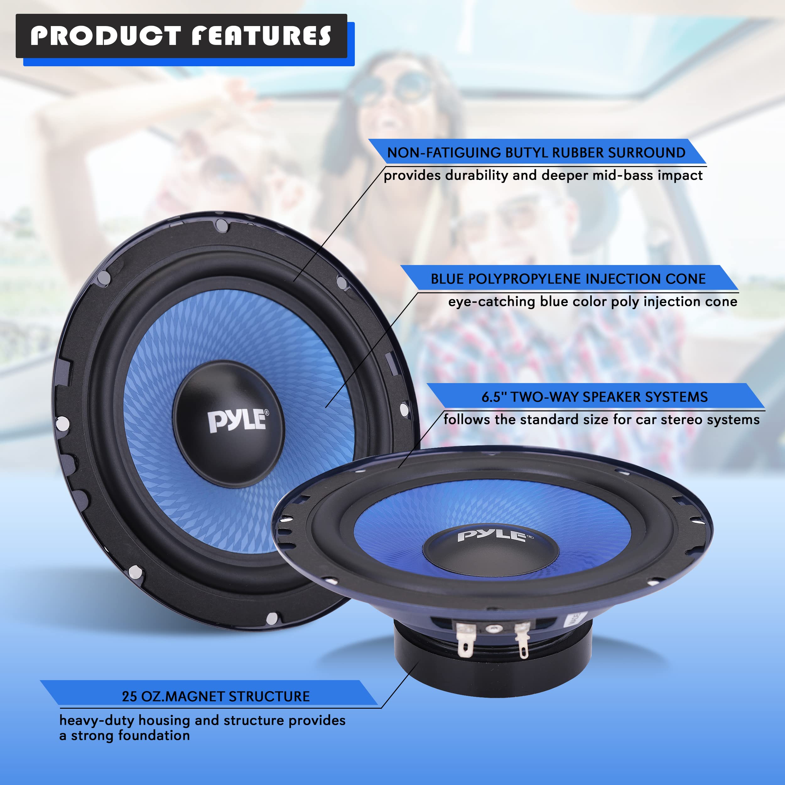 Pyle Two-Way Component Speaker System - One Pair 6.5" Two-Way Component Kit, Non-Fatiguing Butyl Rubber Surround, 360 Watts w/ 4 Ohm Impedance and 1" High-Temperature ASV Voice Coil - PL650CBL