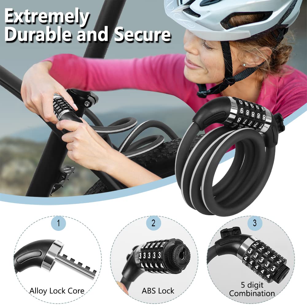 Bike Lock Cable 7feet, 5 Digit Resettable Combination Bicycle Lock with 12mm Flexible Self Coiling Braided Steel Cable,Keyless Convenience with Frame Mount Bracket