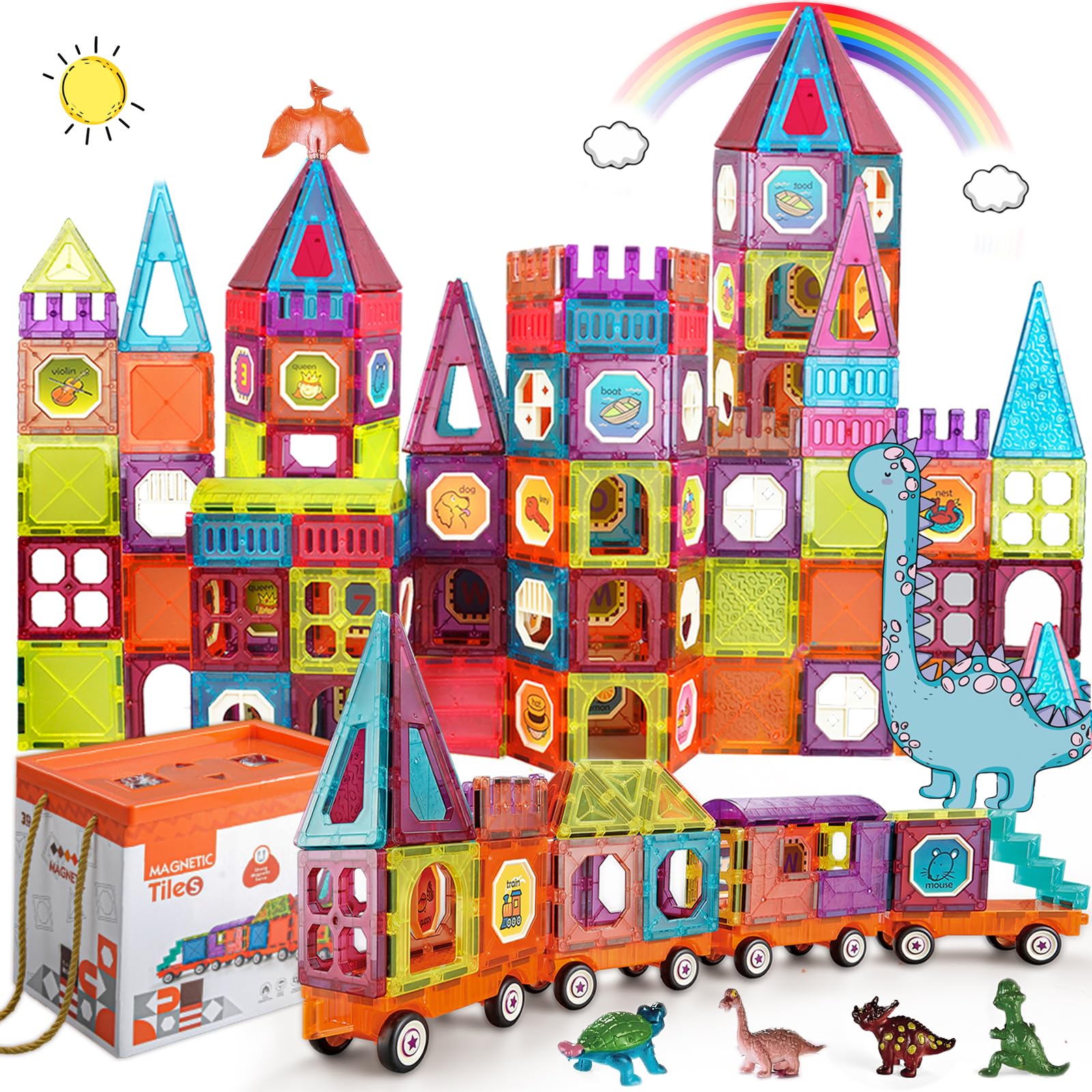 Magnetic Tiles Building Blocks with 4 Cars Magnet Train Set for Kids Construction STEM Toy Preschool Educational Creativity Learning Brithday Gift for Girls Boys Toddlers 3 4 5 6 7 8