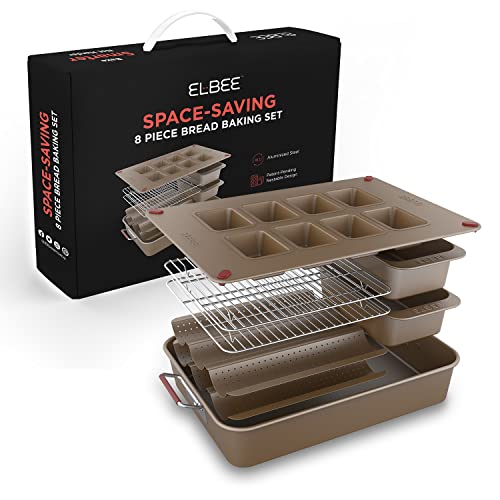 Elbee Home 8-Piece Nonstick Space Saving Bread Baking Pan Set - Includes Large Roasting Pan - Bread Loaf Pan - Baguette Pan - Cooling Rack - 8-Cavity Mini Loaf Pan Aluminized Steel - PFOA & PFOS Free