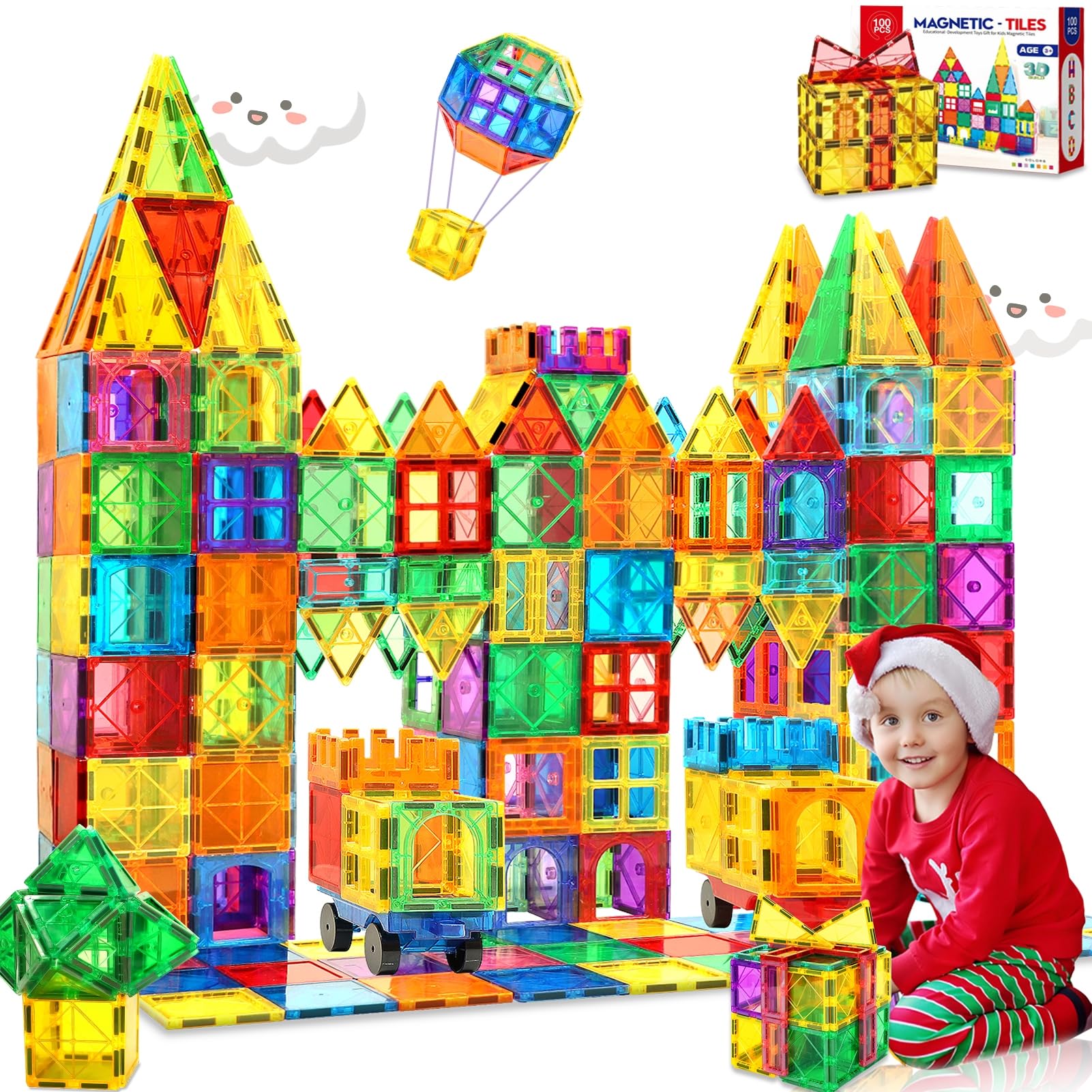 Magnetic Tiles,100PCS Magnet Building Blocks for Kids Educational Magnetic Blocks Sensory Toys Montessori Stacking Gift for 3 4 5 6 7 Year Old Boys Girls Construction STEM Toys Set with 2 Cars
