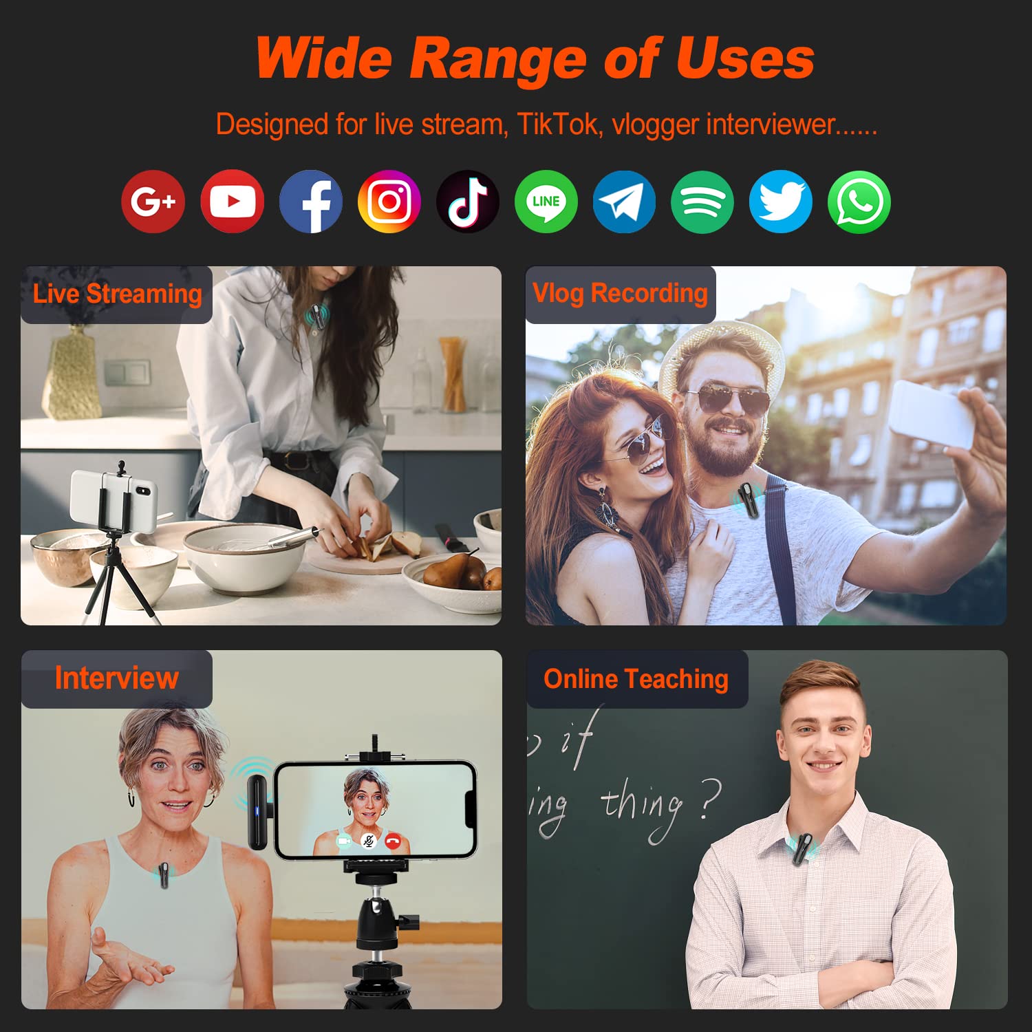 Wireless Lavalier Microphone for Android & PC,Plug&Play for YouTube,TikTok,Video Recording,Vloggers,Facebook Live Stream,Auto-Sync Noise Canceling Wireless Clip on Microphone(No Need App/Bluetooth)