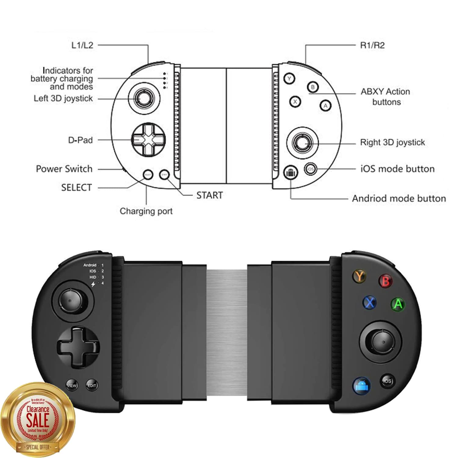 Wireless Mobile Controller Gamepad,PUBG Mobile Controller with Triggers for 3.5-6.5 Inch Android iOS for FPS Games Gamepad