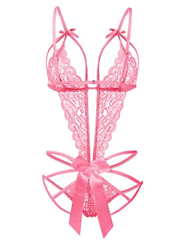 Donnalla Women's Deep V Lace Teddy One Piece Lingerie Cutout Strappy Lingerie, Pink, Medium