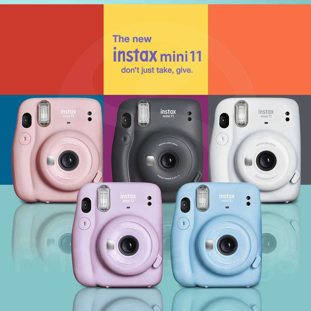 FUJIFILM INSTAX Mini 11 Instant Film Camera (Charcoal Grey) + ACCESSORY BUNDLE THAT INCLUDES 4X Fujifilm Instax Mini Twin Film (80 Exposures), Camera Carrying Case, Camera Strap & Funky Film Frames